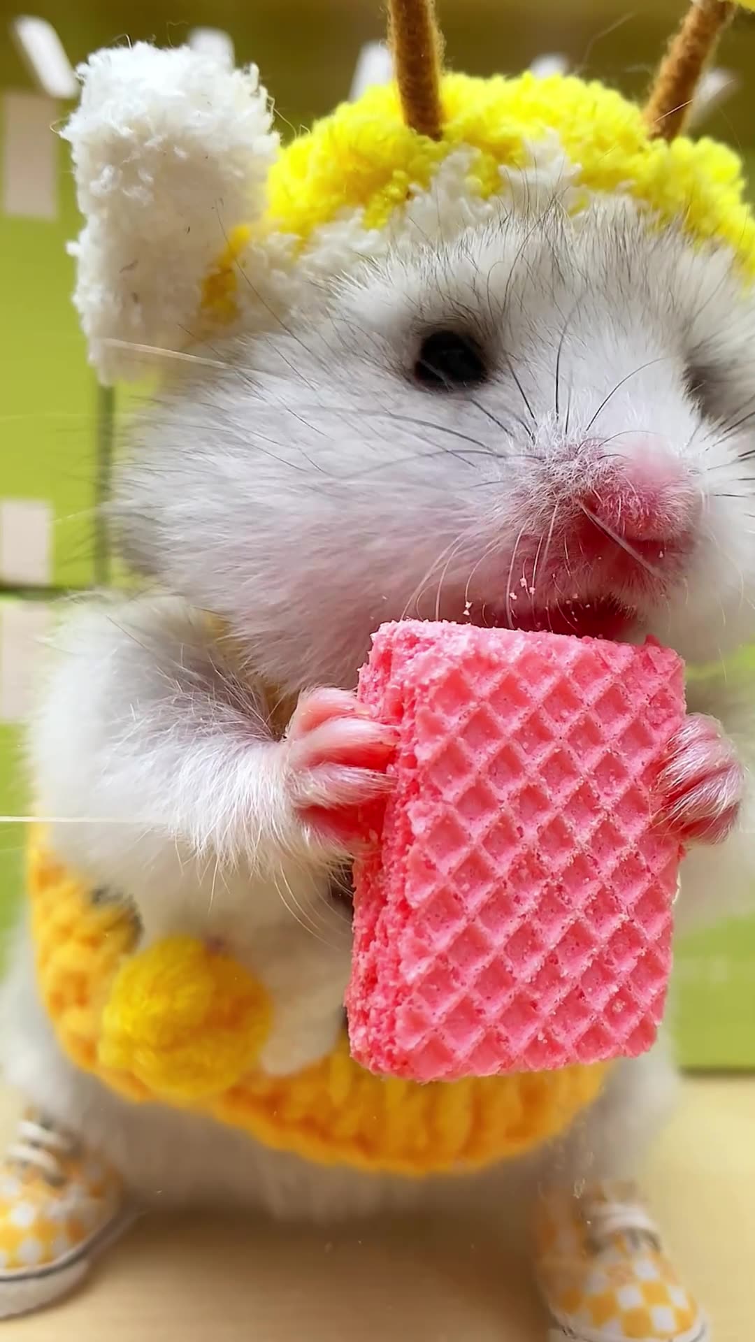 cutes white mouse with small teeth chewing cheese