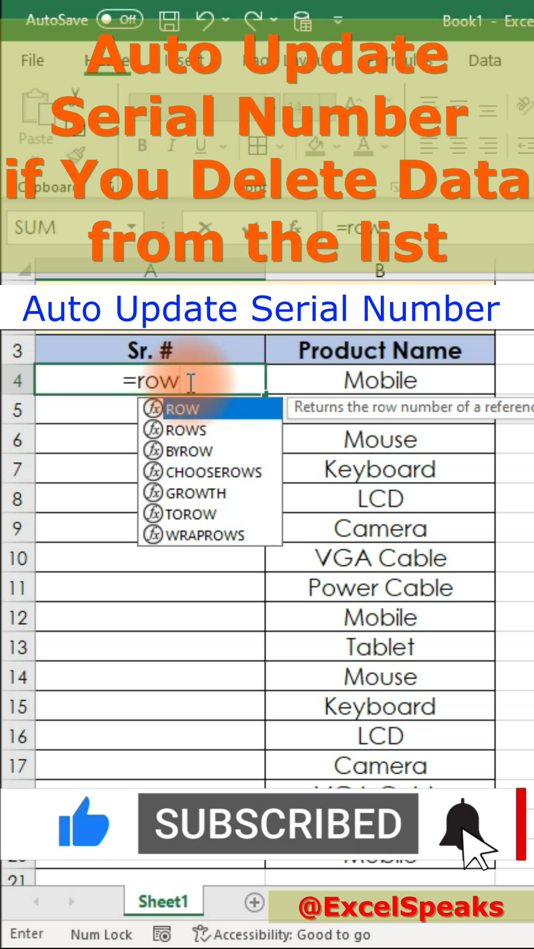 Auto Serial Number In Ms Excel Using Formula