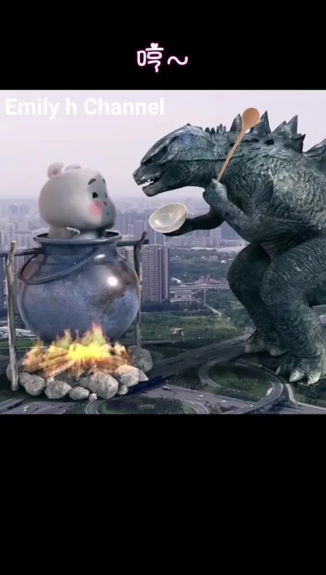 Godzilla Cooking cute Rabbit