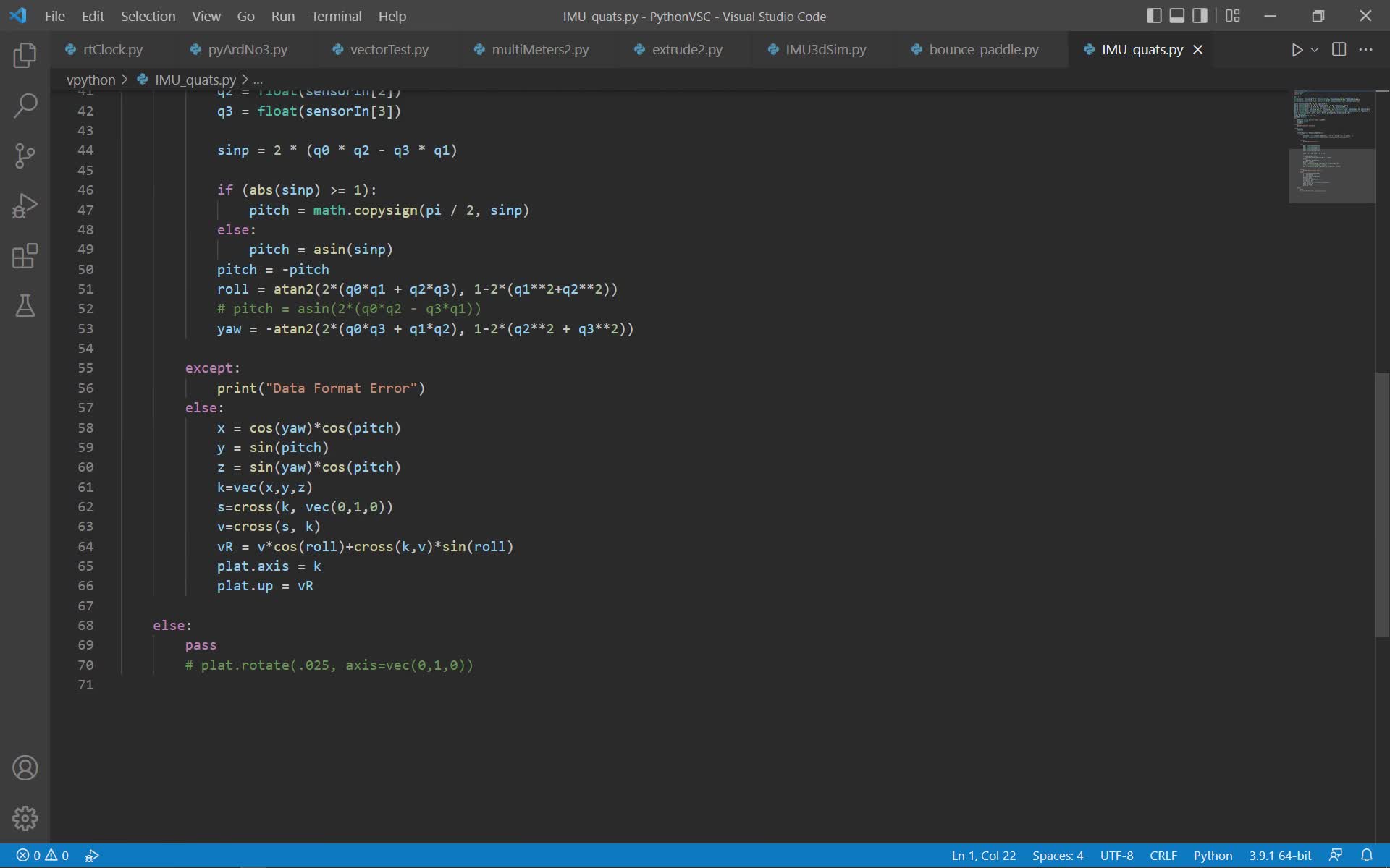 vpython 3D model of IMU movement