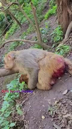 Exhausted Monkey Mother Lying Down to Breastfeed Her Baby