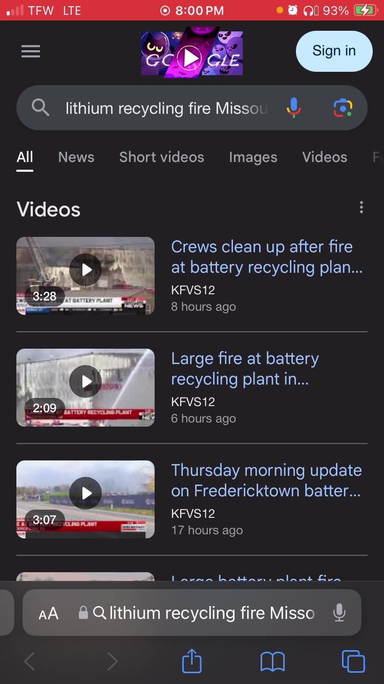 Lithium battery fire Missouri