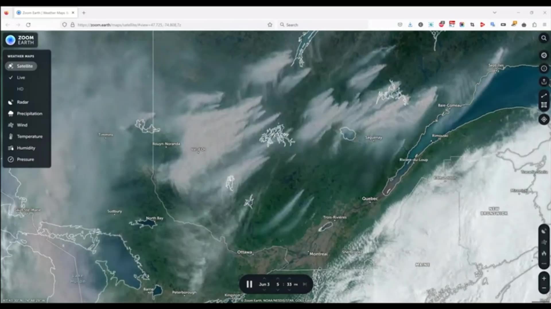 Quebec Fires June 1-5, 2023 Recorded on zoom.earth Real-Time Satellite ...
