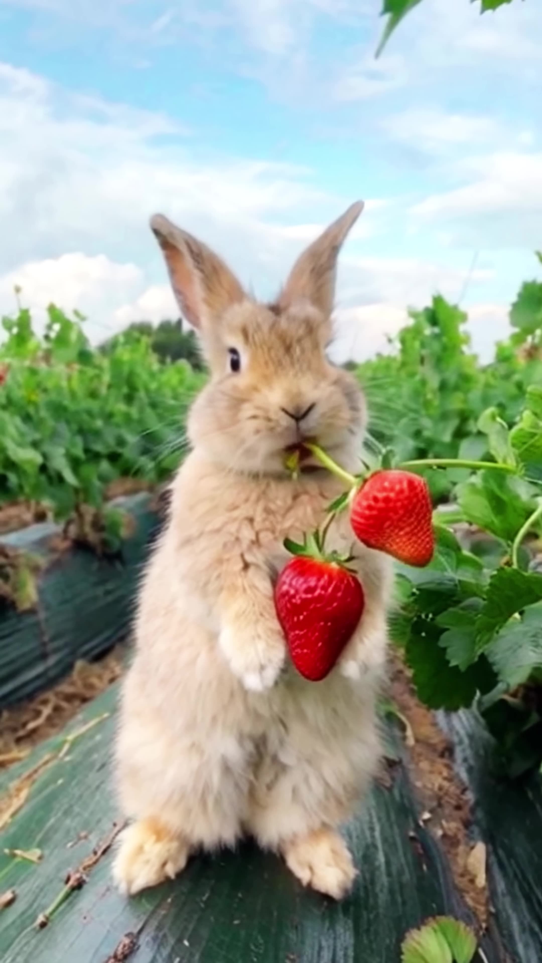 Funny rabbit eating strawberries
