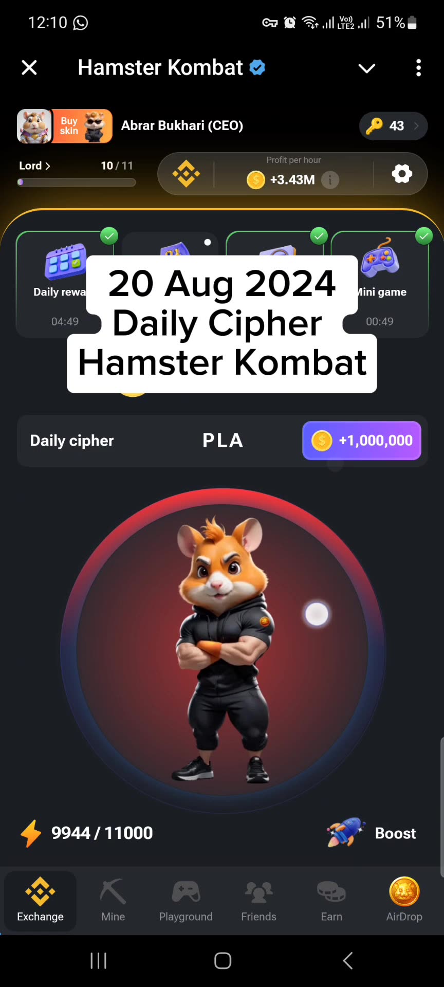20 Aug 2024 Daily Cipher Code Hamster Kombat