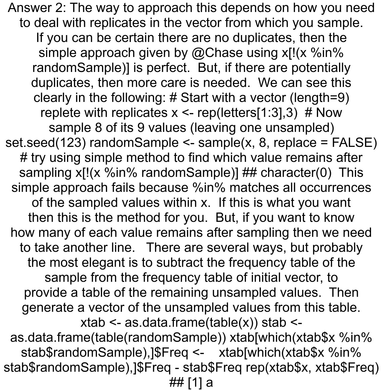 How do I find the remaining items in a vector after sampling