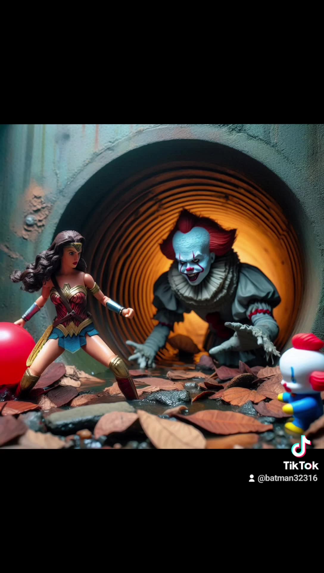 Stop motion animation Wonder Woman versus Pennywise AI