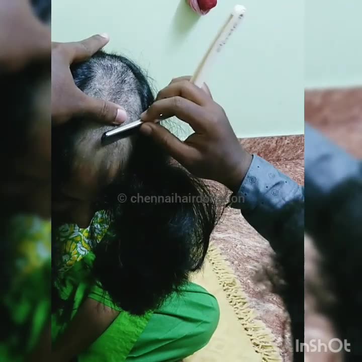 Indian women headshave • Dry shave • Straight razor • Long hair shaved ...