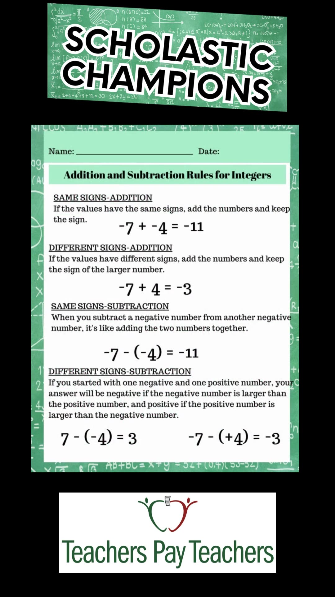 ADDITION & SUBTRACTION OF INTEGERS - 6th Grade Math Worksheets for ...