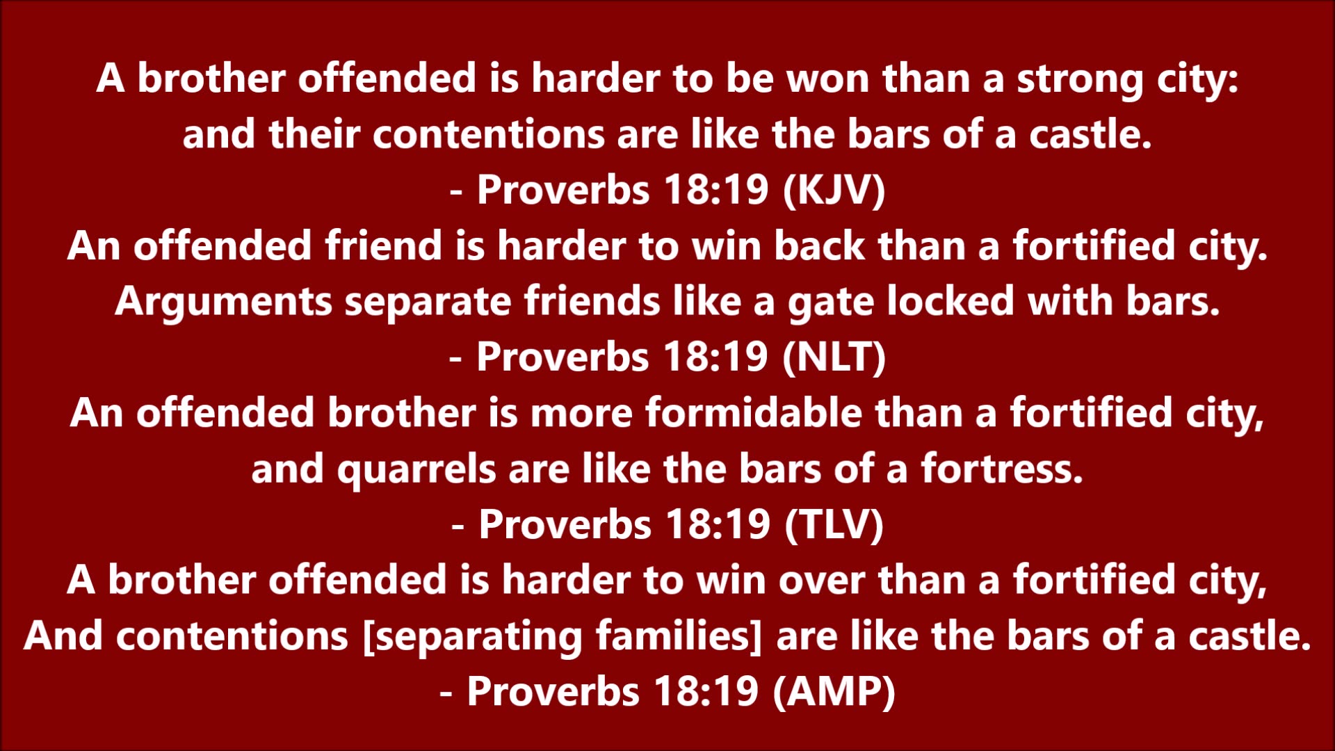 Proverbs 18:19 (KJV, NLT, TLV & AMP)