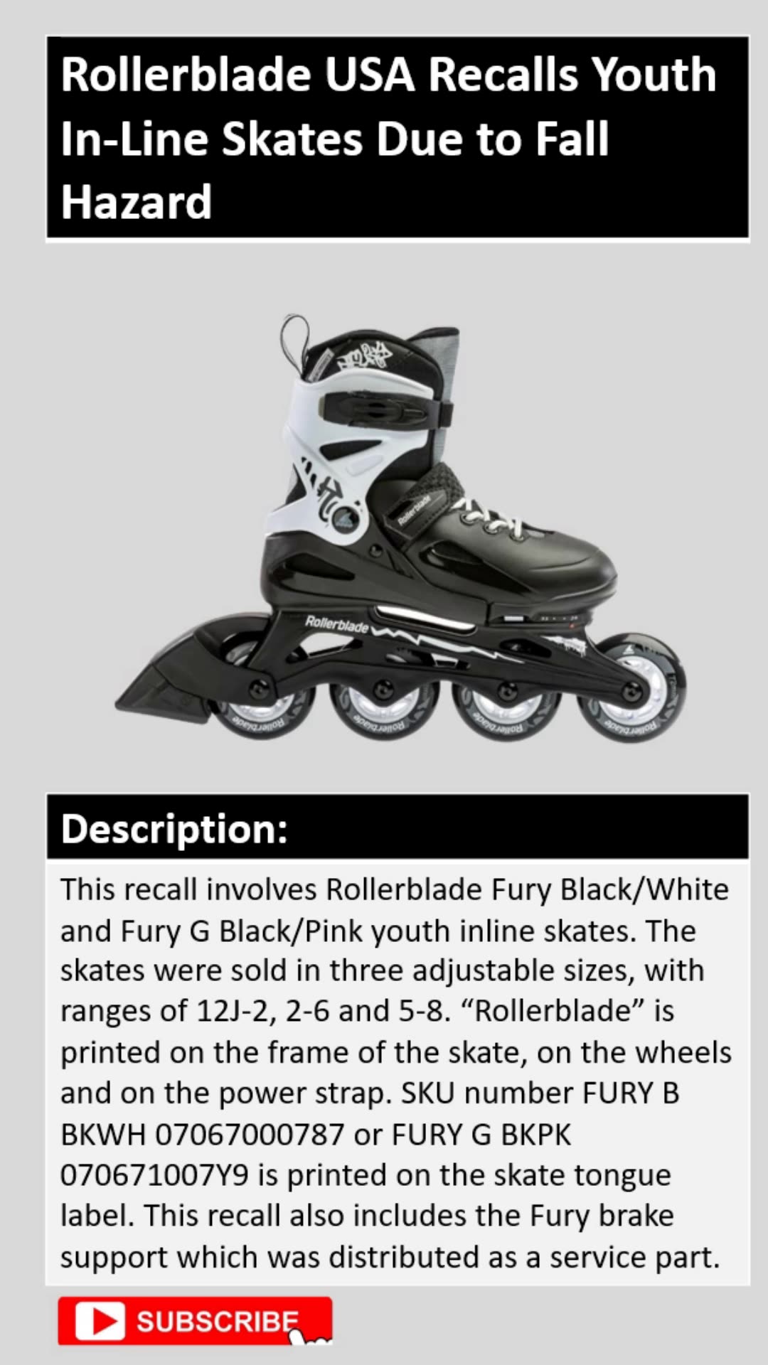 Rollerblade USA Recalls Youth In-Line Skates Due to Fall Hazard